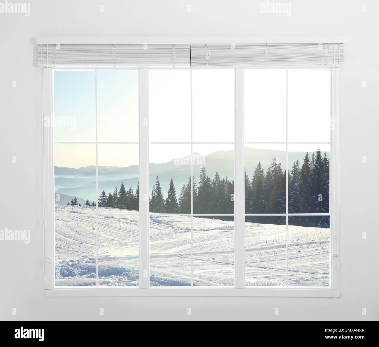 Beautiful view of snowy forest through big window Stock Photo - Alamy