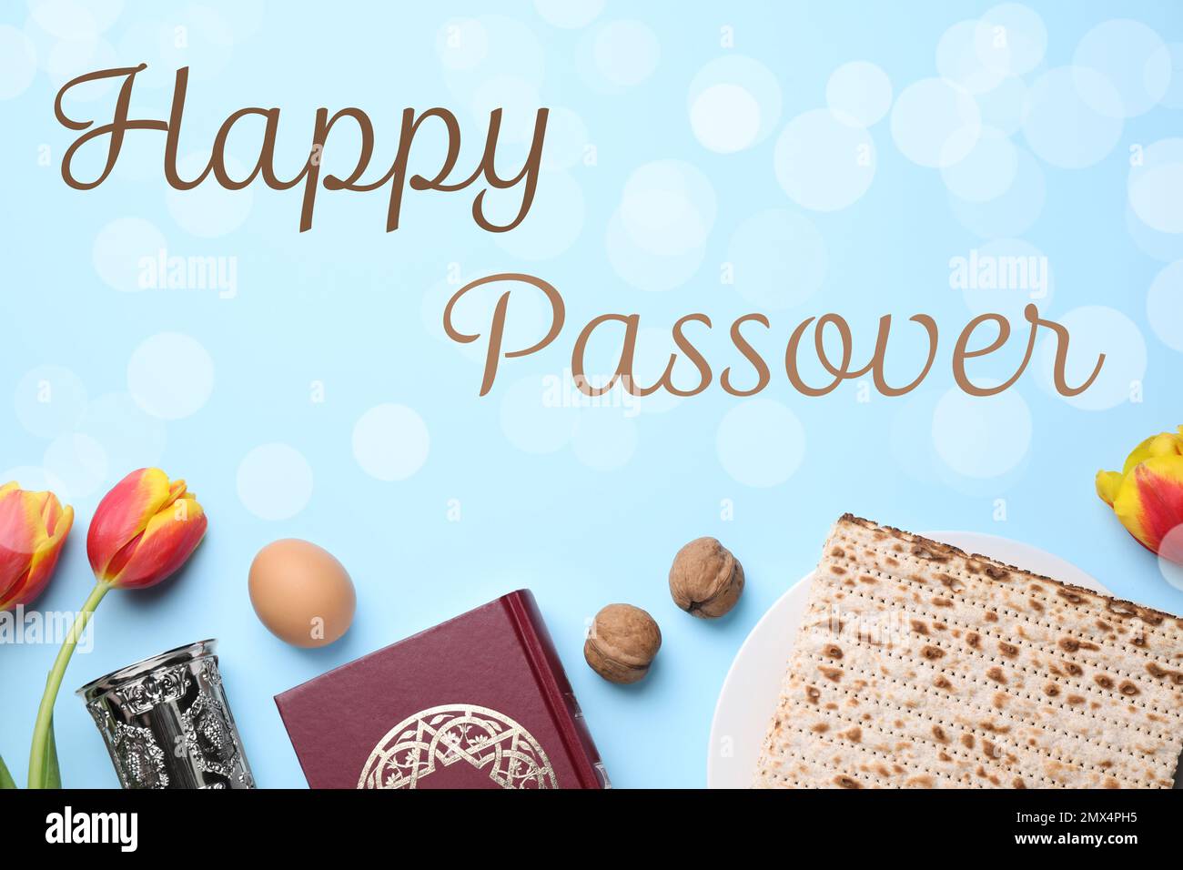Flat lay composition with symbolic Pesach (Passover Seder) items on ...