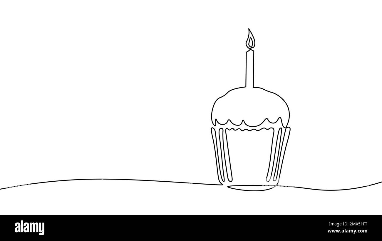 One line continuous birthday cupcake with candle symbol concept ...