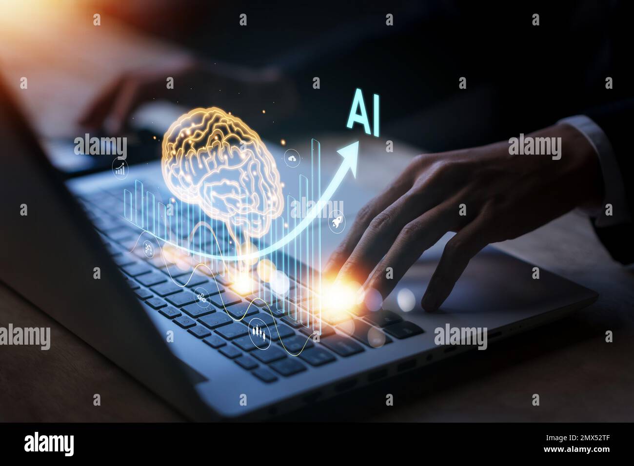 AI (Artificial intelligence) growing with brain. Businessman data ...