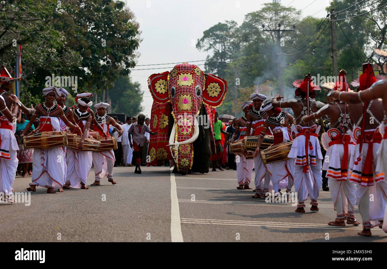 In this Oct. 20, 2016 photo, Sri Lankan traditional dancers escort a ...