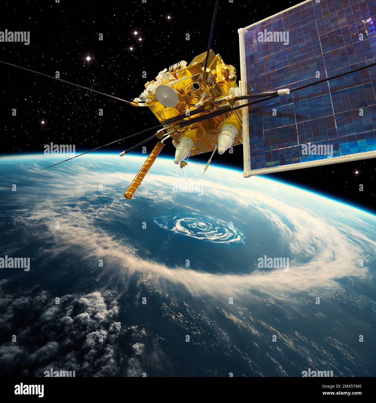 Modern weather space satellite monitoring Earth from orbit. 3d ...