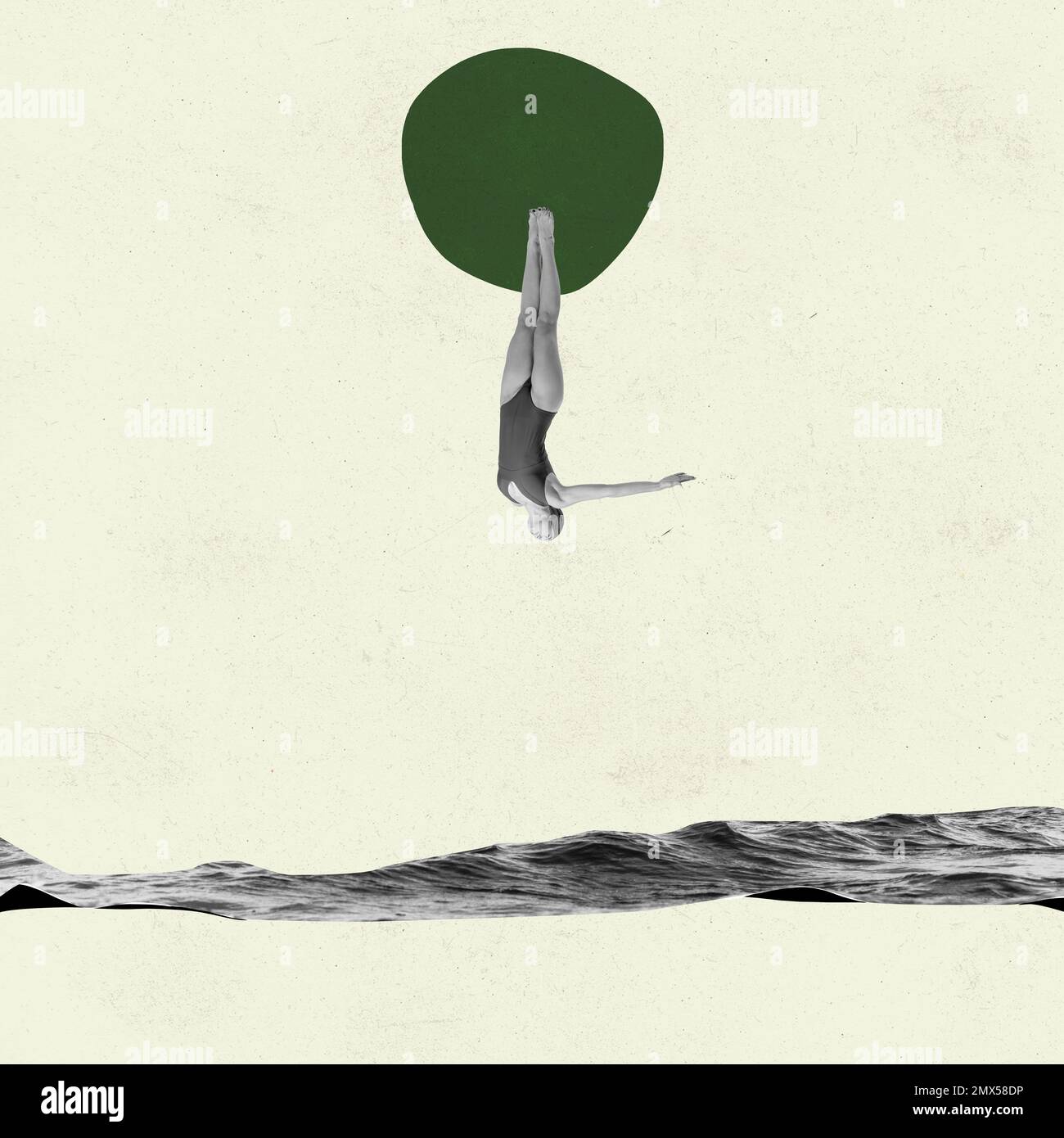 Contemporary art collage with young slim woman in swimming suit diving ...