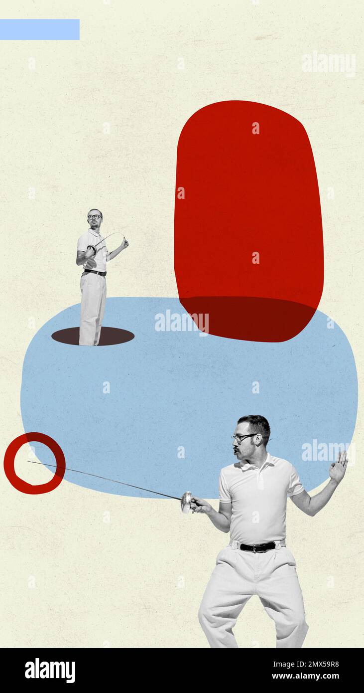 Contemporary art collage. Two stylish men, friends fighting with swords ...