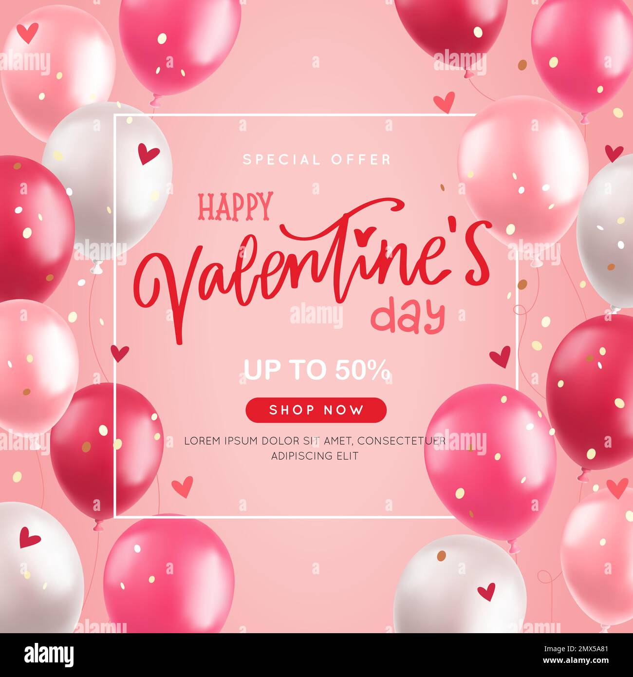 Valentines day banner with 3d balloons, realistic pink and red air ...
