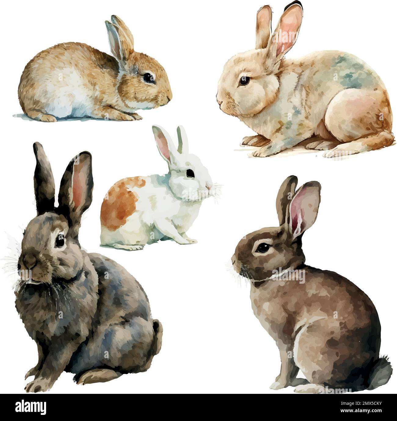 Watercolor illustration of a cute fluffy grey rabbit with pink ears in ...