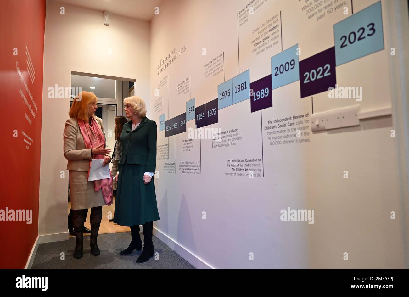 The Queen Consort talks to Coram CEO Carol Homden (left) at the 50th ...