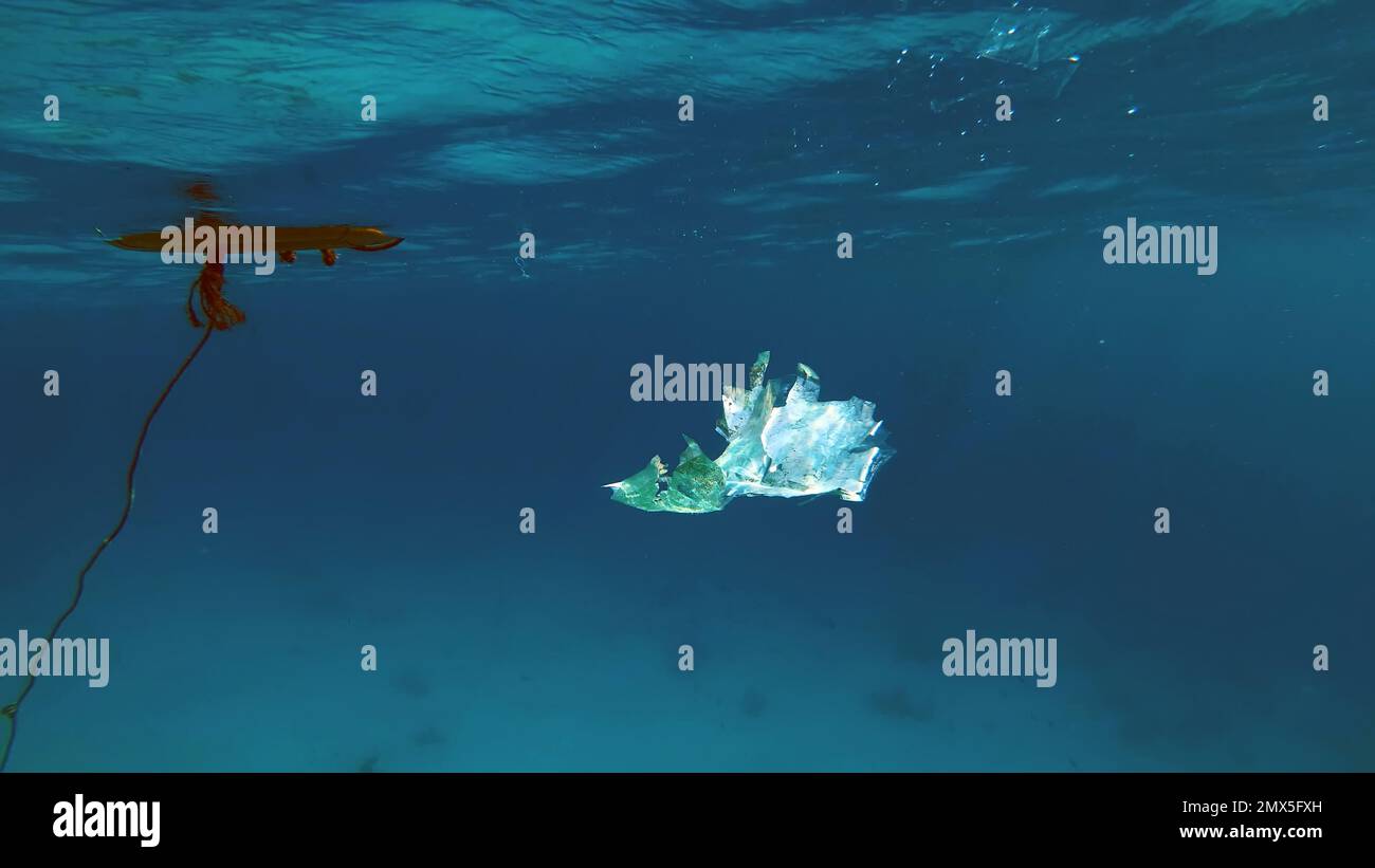 close-up of a plastic bag floating in the sea. Garbage in the sea water ...