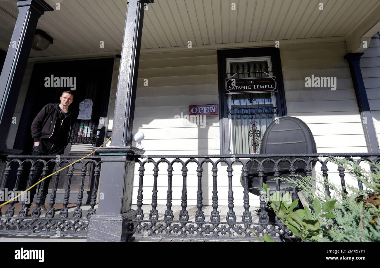 In this Oct. 24, 2016 photo, Lucien Greaves stands on the porch of the ...