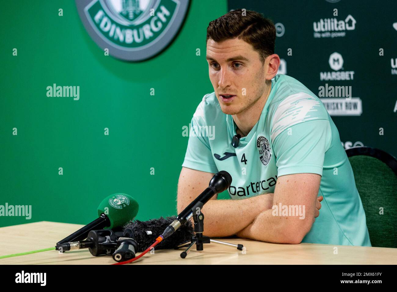 Edinburgh, Scotland. 02/02/2023, Paul Hanlon of Hibernian speaks during ...