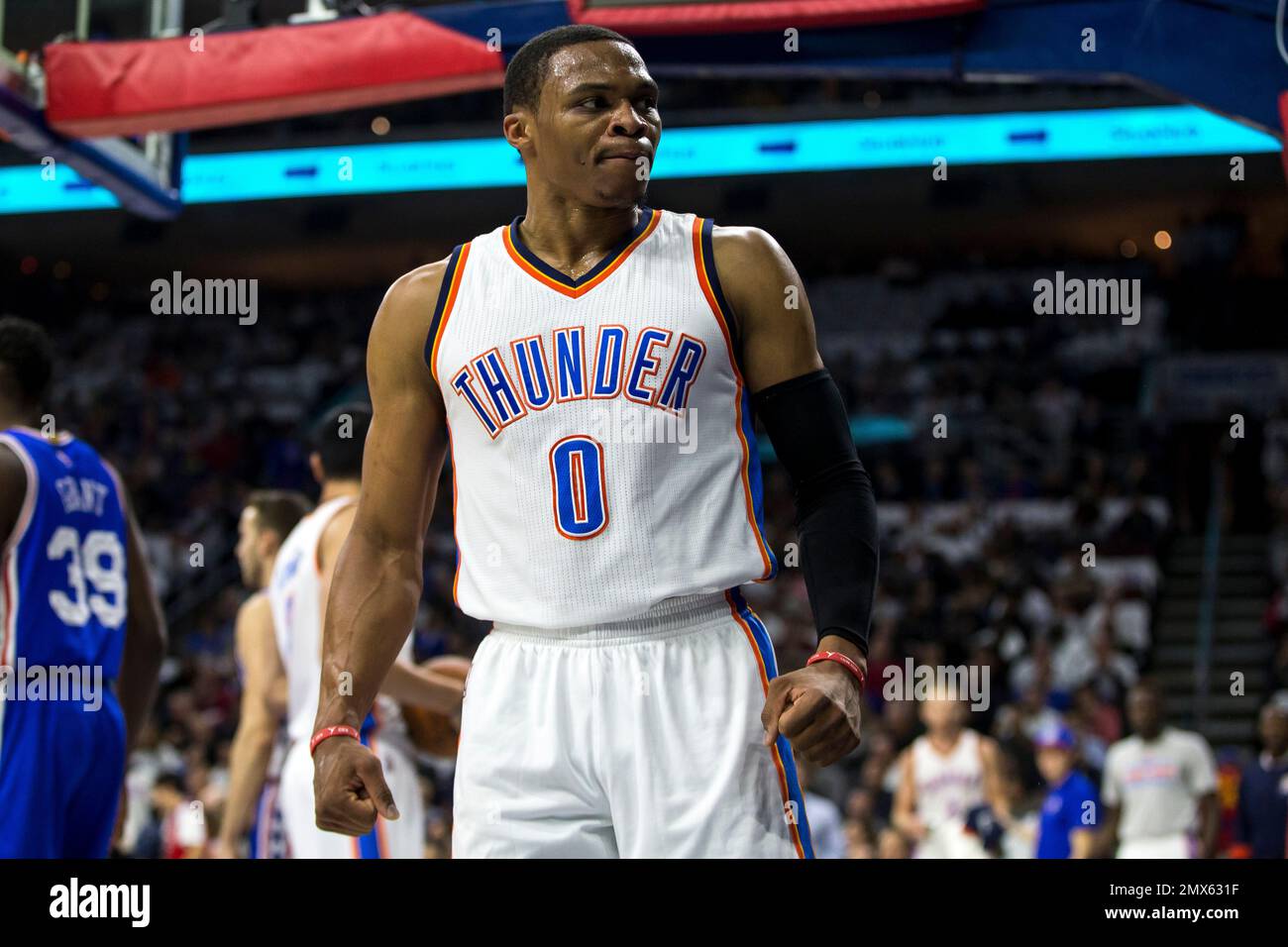Oklahoma City Thunder's Russell Westbrook looks into the stands during ...