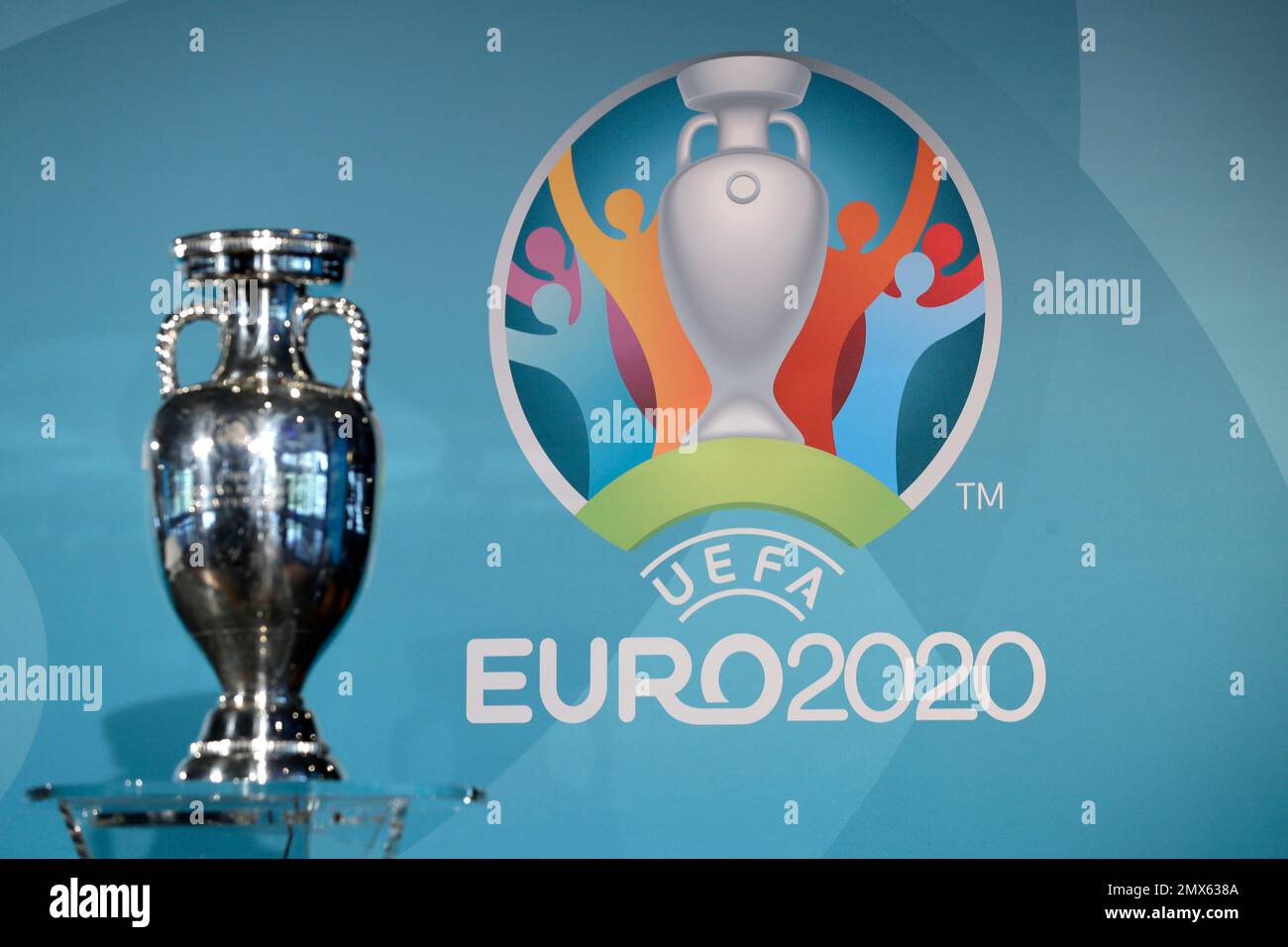 The Euro 2020 logo is pictured behind the trophy during the ...