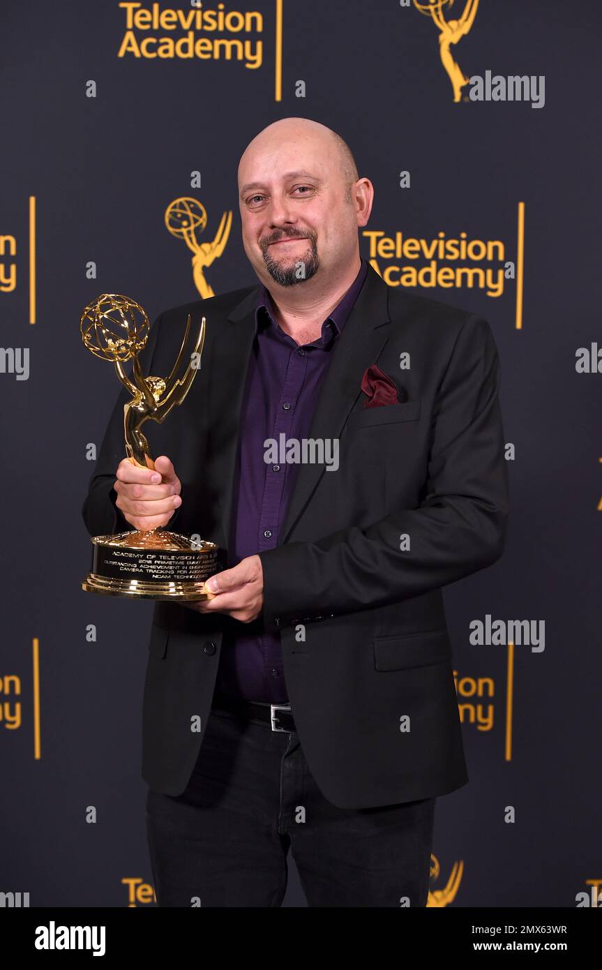 Sam Boivin poses with the Engineering Emmy for Ncam Technologies at the ...