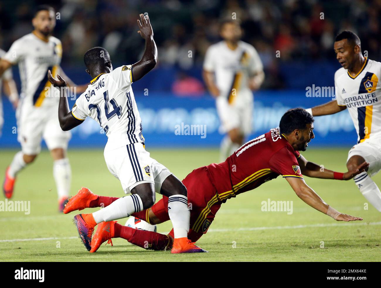Los Angeles Galaxy midfielder Ema Boateng (24) fouls Real Salt Lake ...