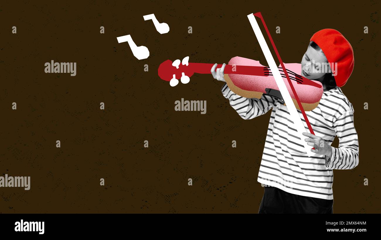 Contemporary art collage. Tender young woman playing violin. Classical ...