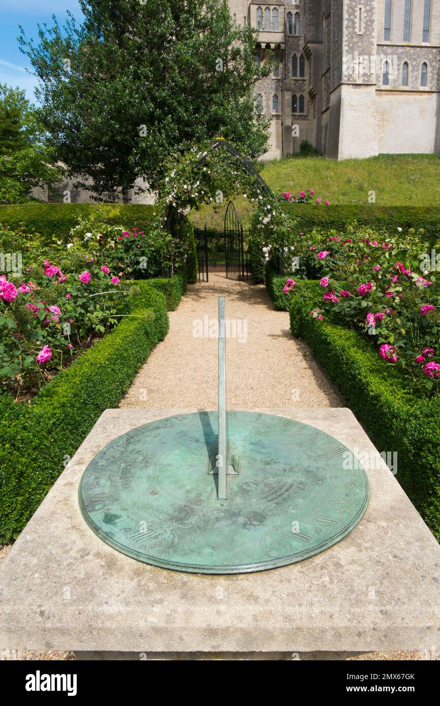 The sundial surrounded by beautiful old fashioned Mme Isaac Péreiré ...