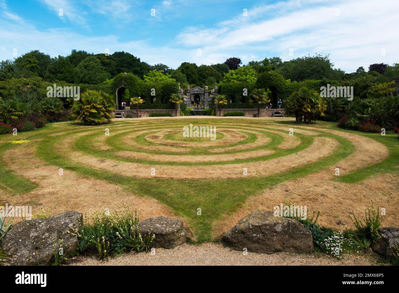 The grass labyrinth with the shell grotto pavillion made from green oak ...