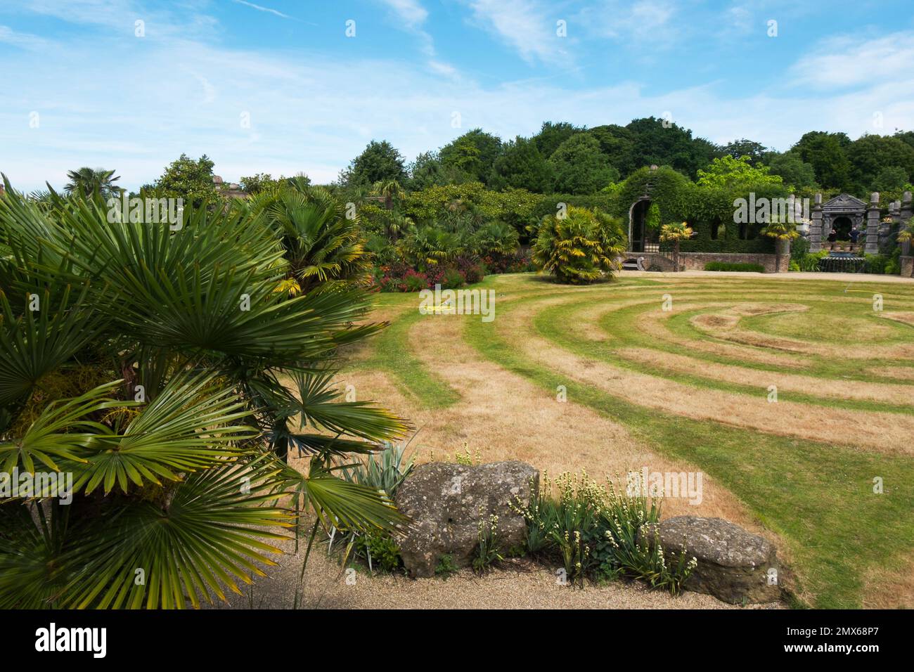 The grass labyrinth with the shell grotto pavillion made from green oak ...