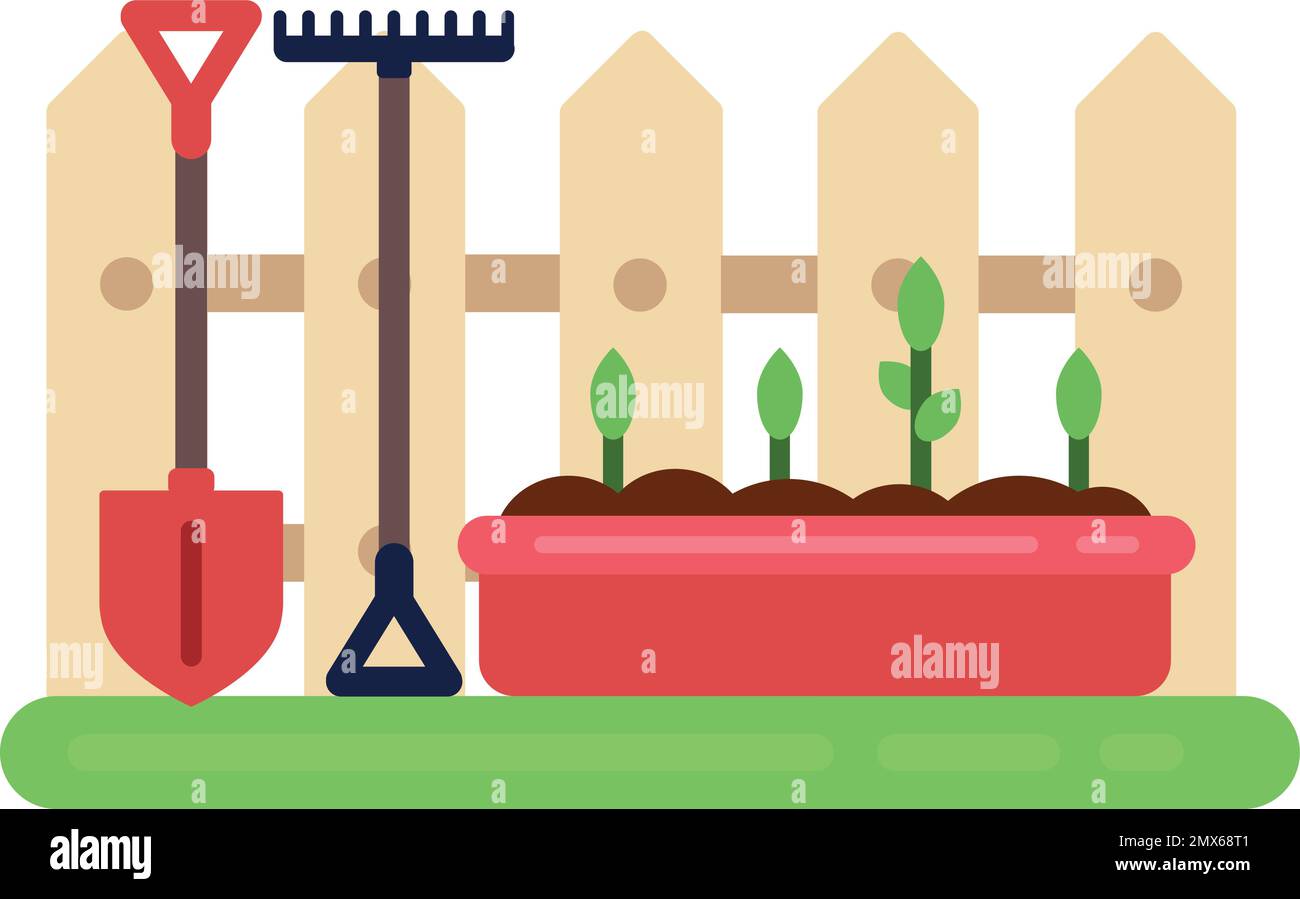 Rural gardening illustration. Tools and seedlings for planting Stock ...