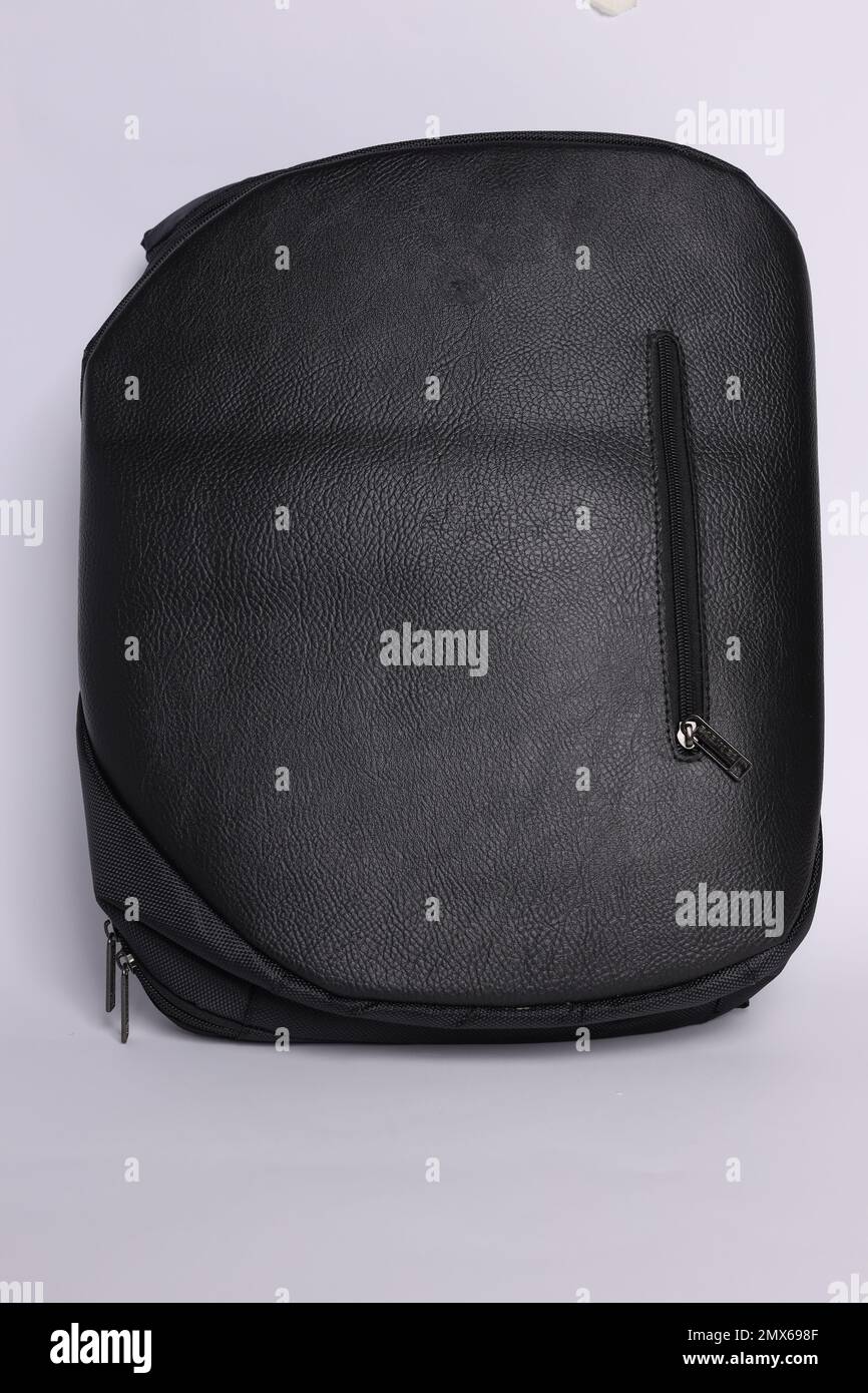 Black color leather laptop bag front view isolated white background ...