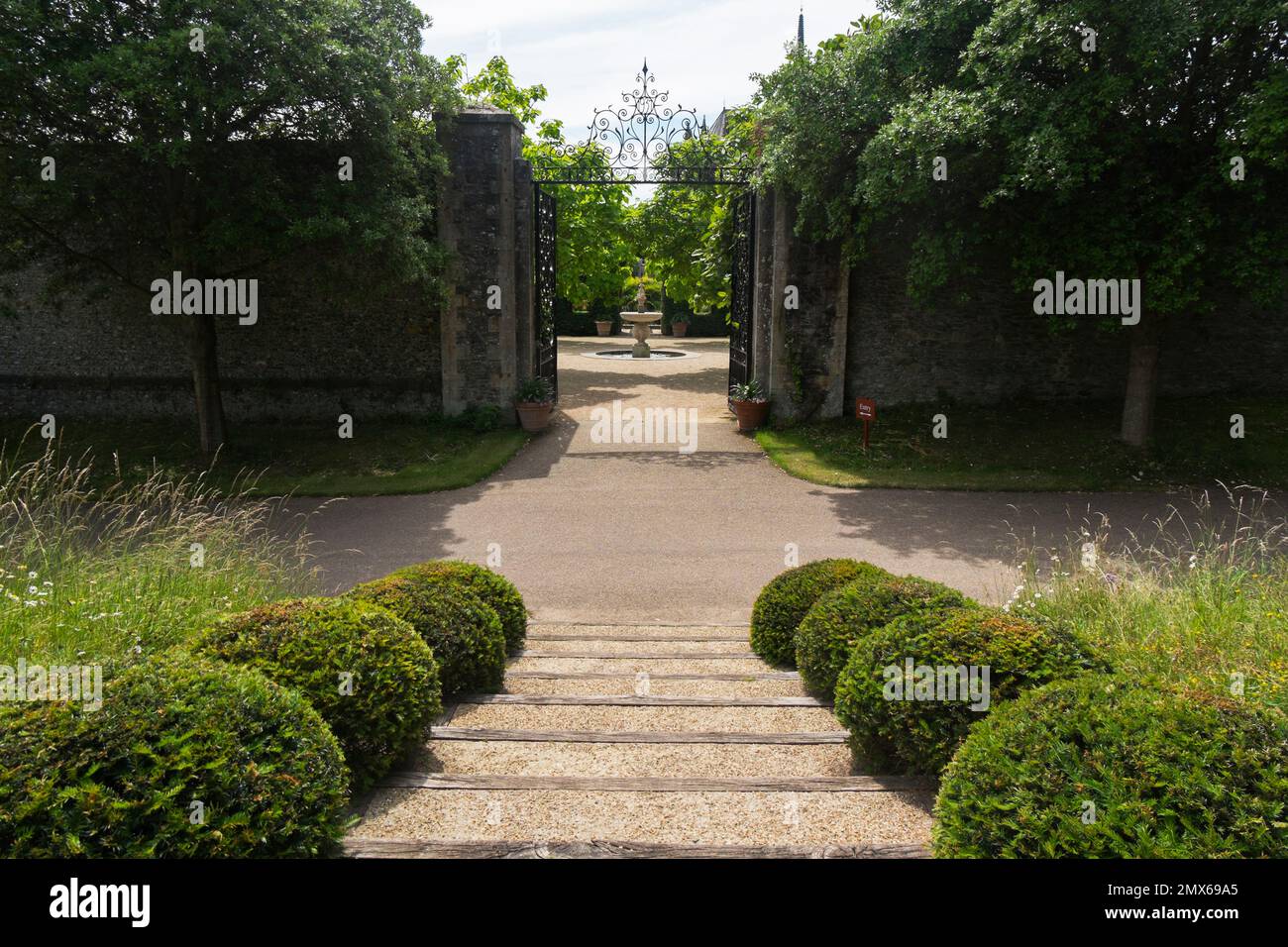 A path lined with clipped Box balls outside large black wrought iron ...