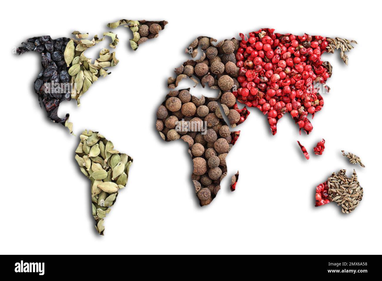 Double exposure of world map and different spices on white background ...