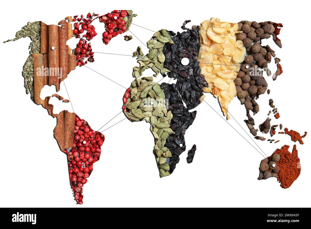 Double exposure of world map and different spices on white background ...