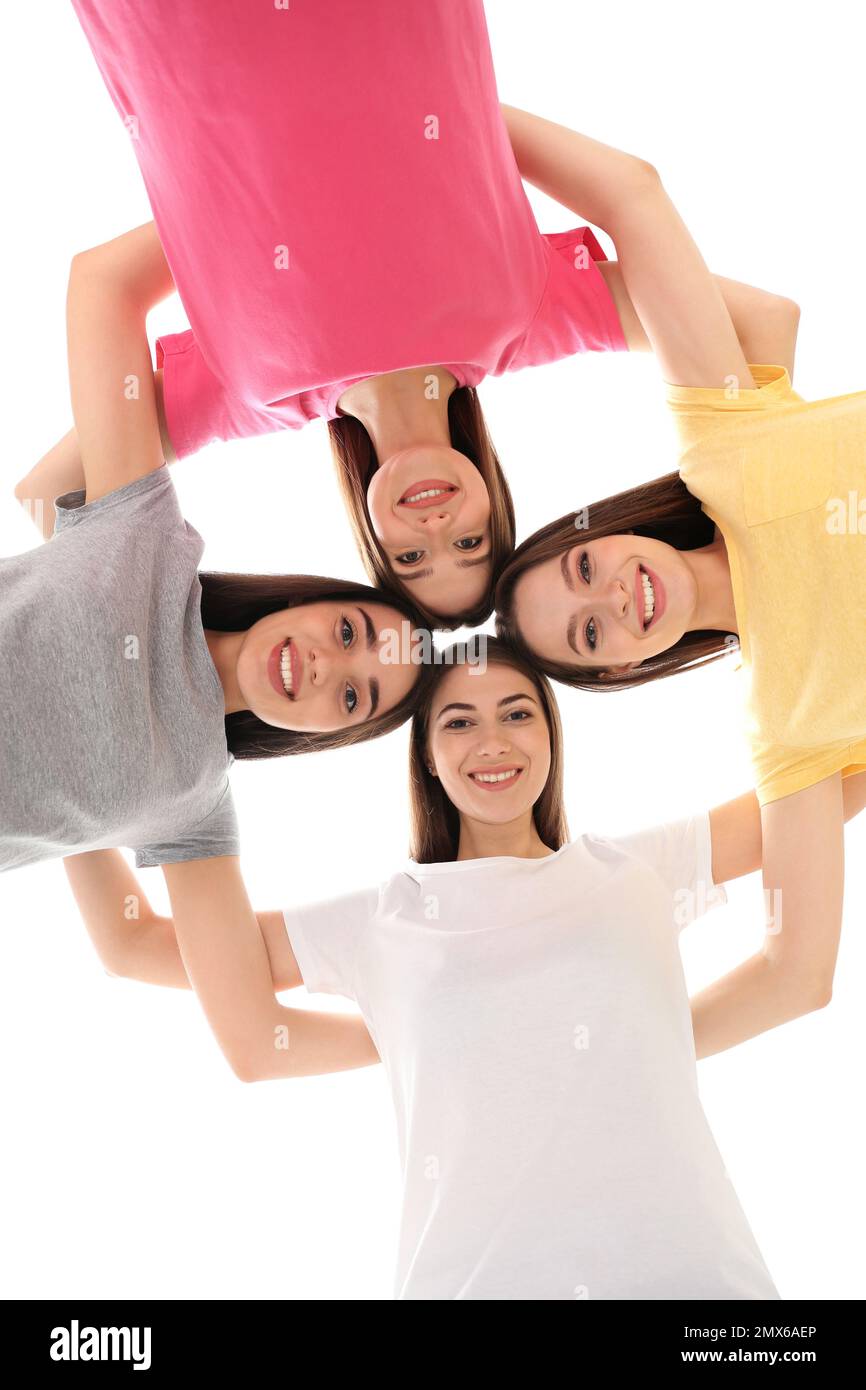 Beautiful young ladies hugging, bottom view. Woman's Day Stock Photo ...