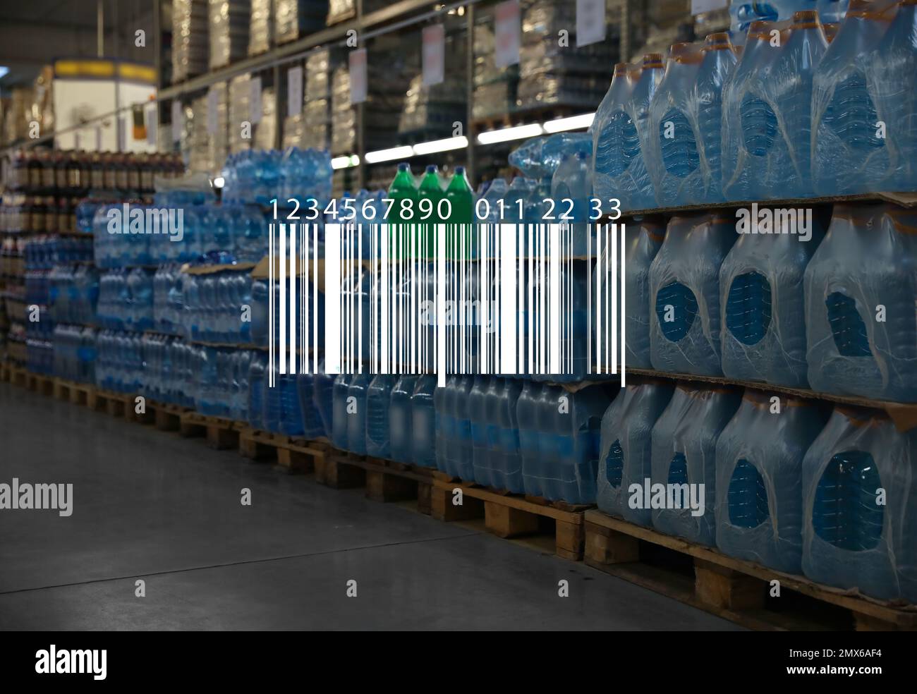 Barcode and many plastic bottles with water at wholesale market Stock ...