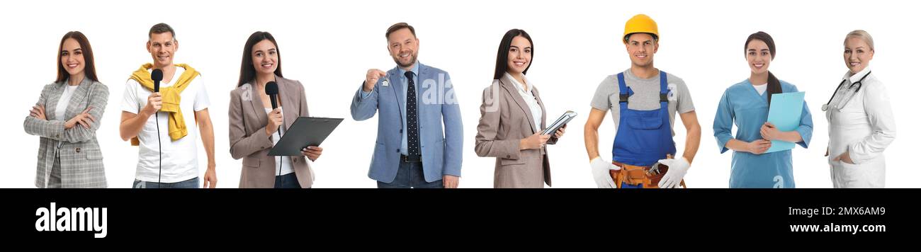 Collage with people of different professions on white background ...