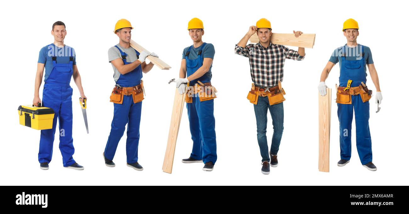 Collage of handsome carpenters on white background Stock Photo - Alamy