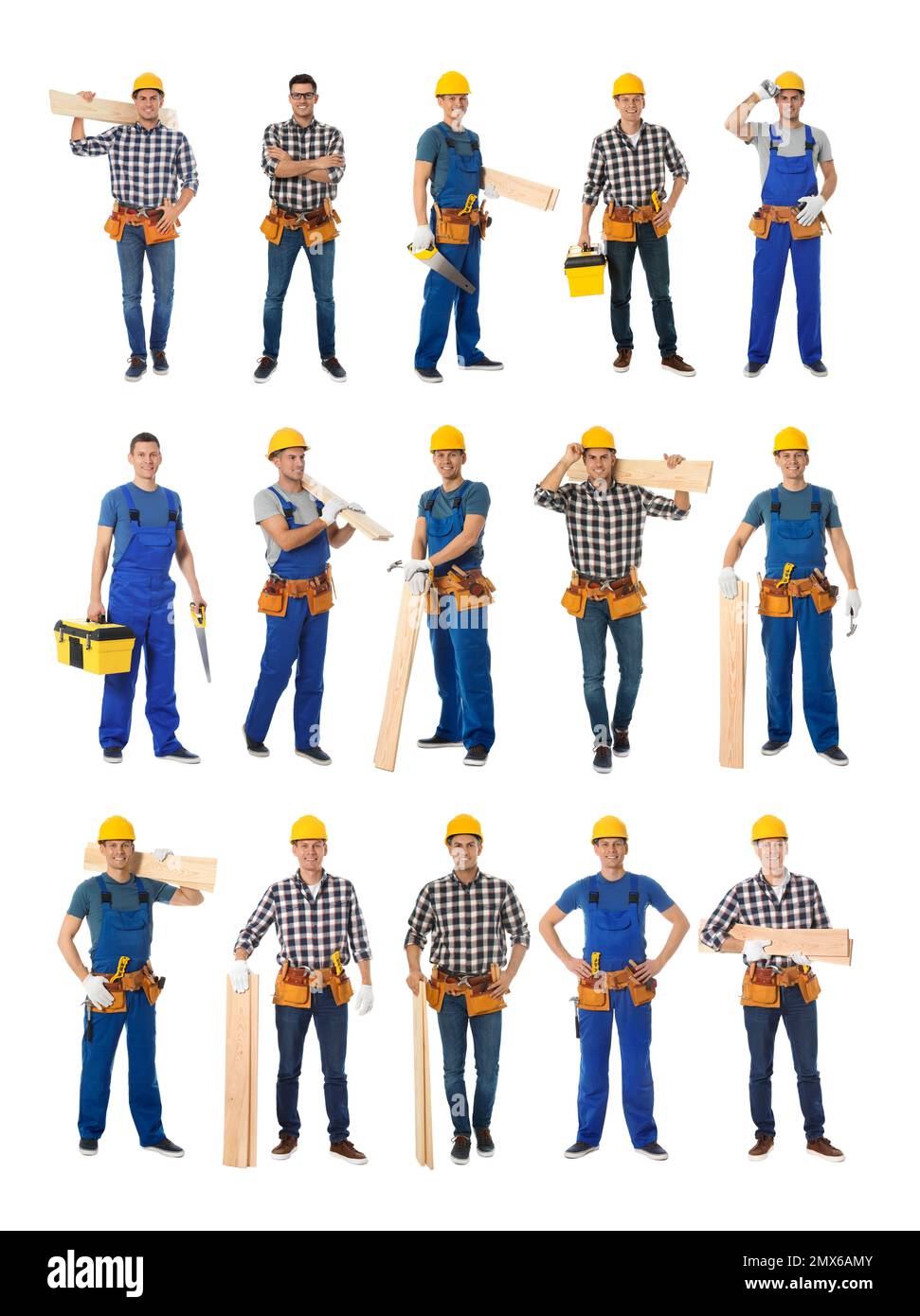 Collage of handsome carpenter on white background Stock Photo - Alamy