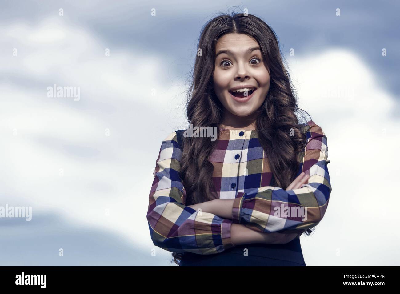 Expect to be surprised. Happy child keep mouth open with surprise. Back ...