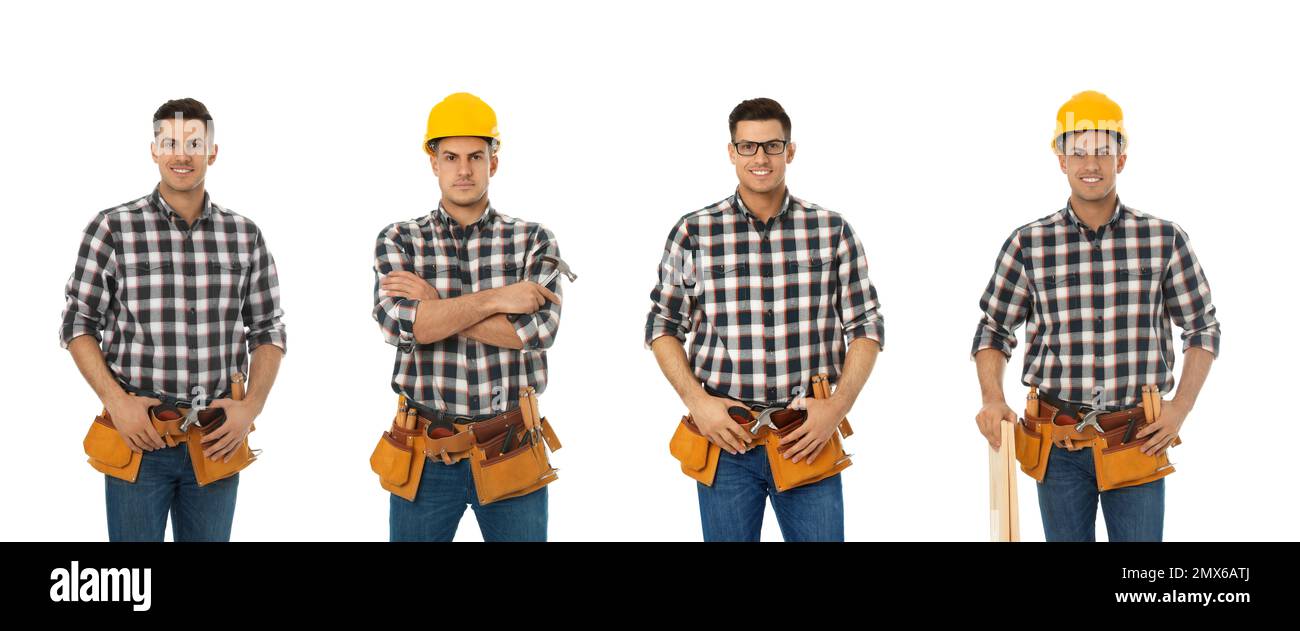 Collage of handsome carpenter on white background Stock Photo - Alamy