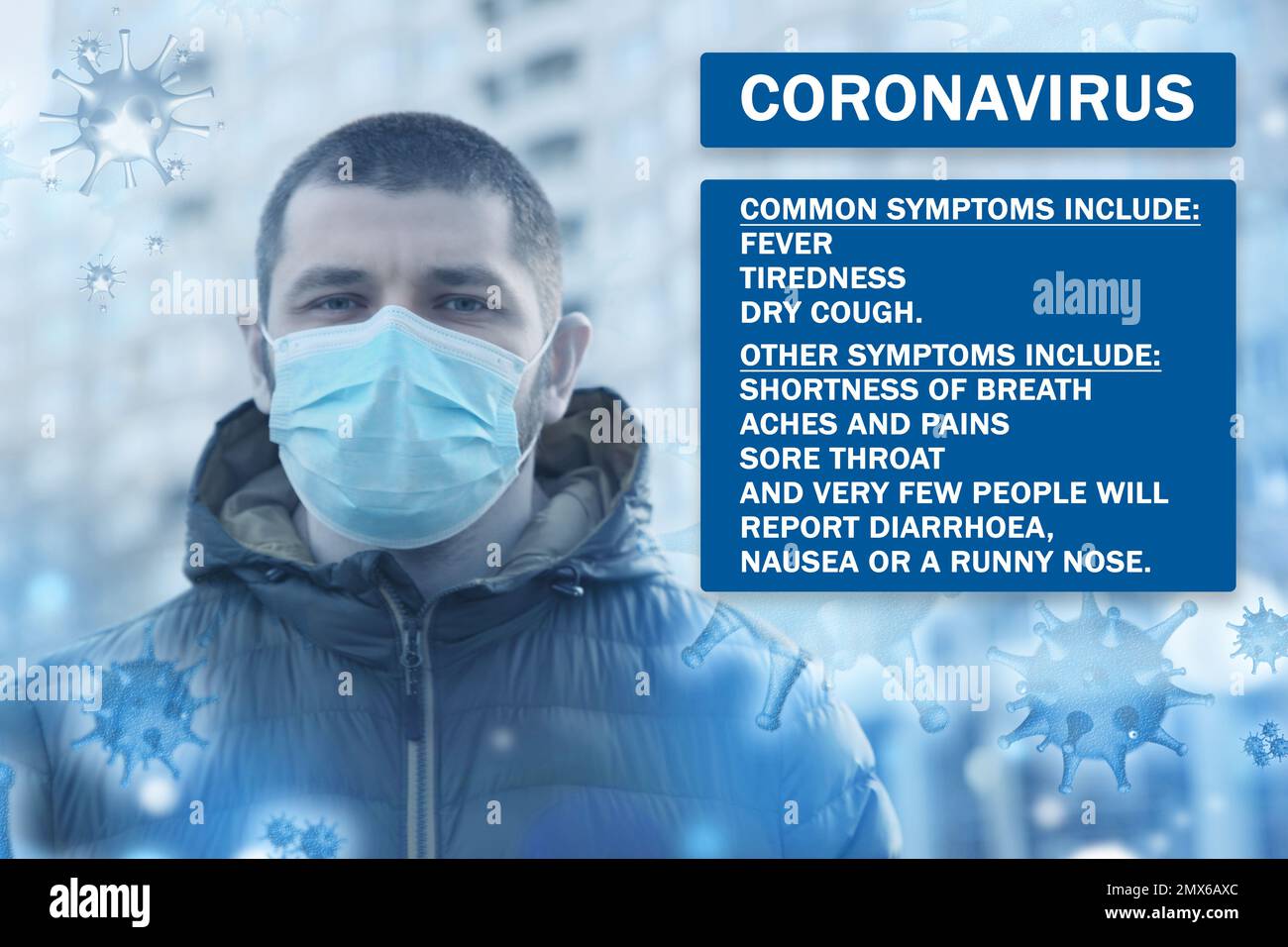 Man with medical mask outdoors and list of coronavirus symptoms Stock ...