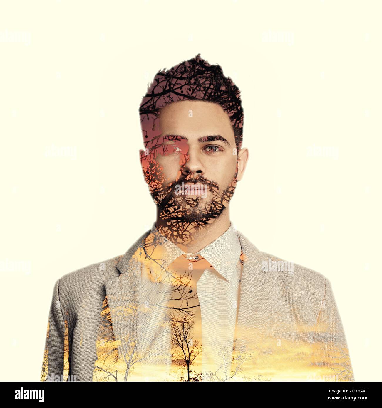 Double exposure of handsome businessman and landscape with trees ...