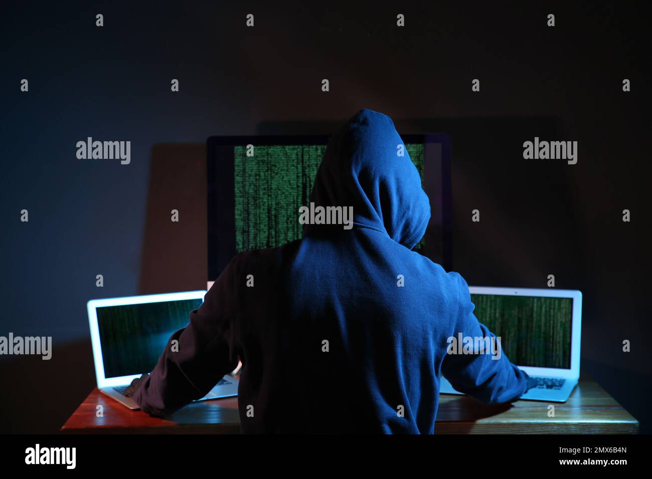 Hacker with computers in dark room. Cyber crime Stock Photo - Alamy