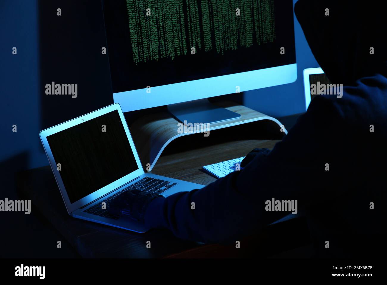 Hacker with computers in dark room, closeup. Cyber crime Stock Photo ...