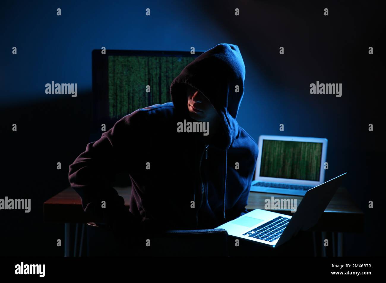 Hacker with computers in dark room. Cyber crime Stock Photo - Alamy
