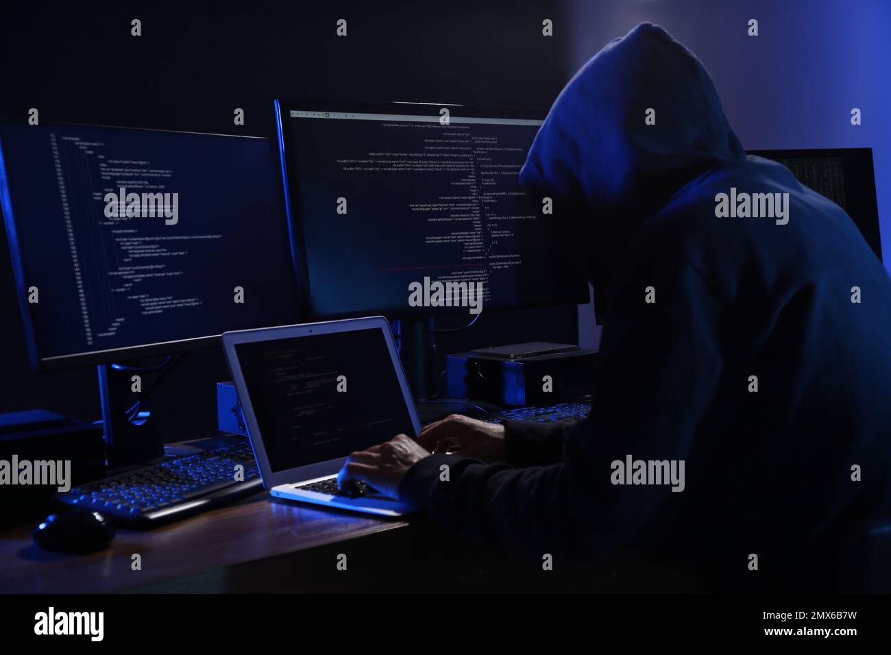 Hacker with computers in dark room. Cyber crime Stock Photo - Alamy