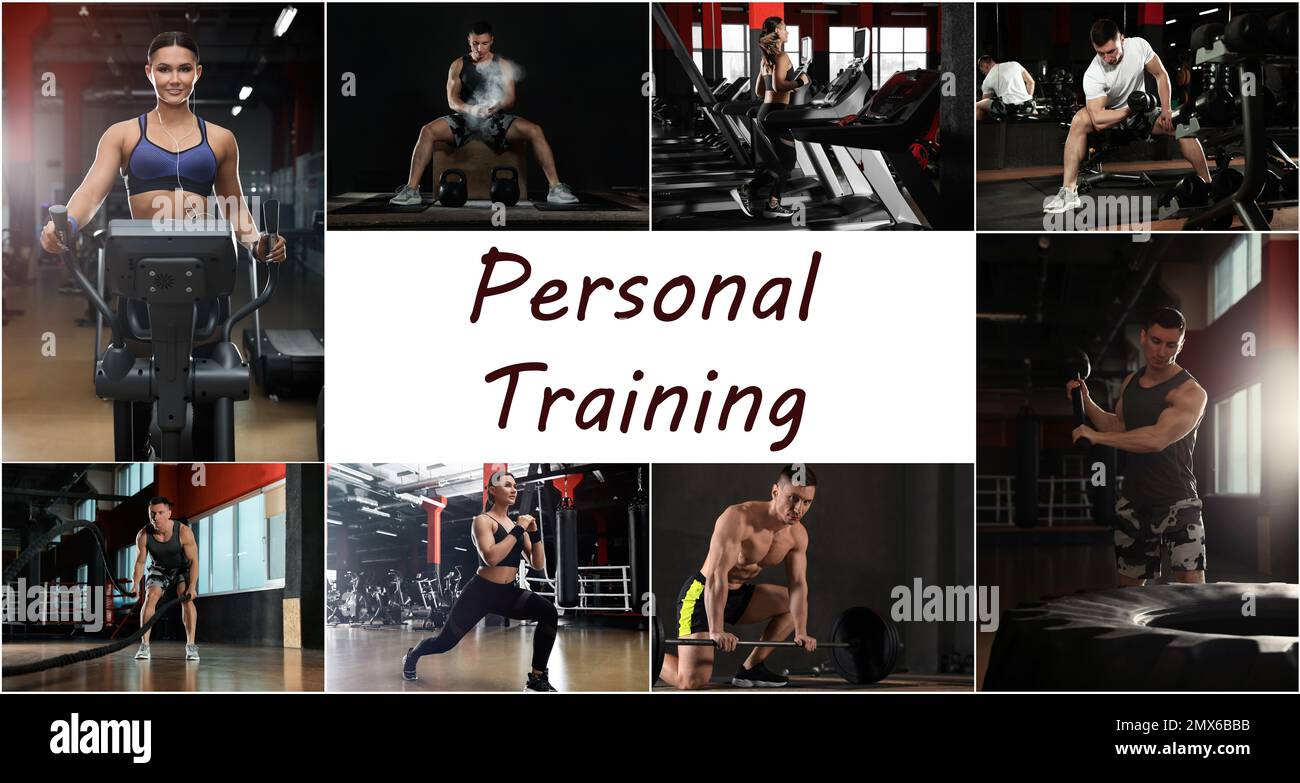 Collage of people in modern gym and text Personal Training Stock Photo ...