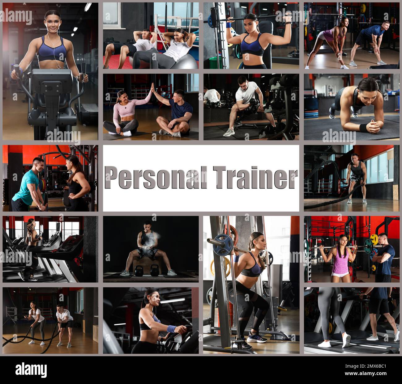 Collage of people in modern gym and text Personal Trainer Stock Photo ...