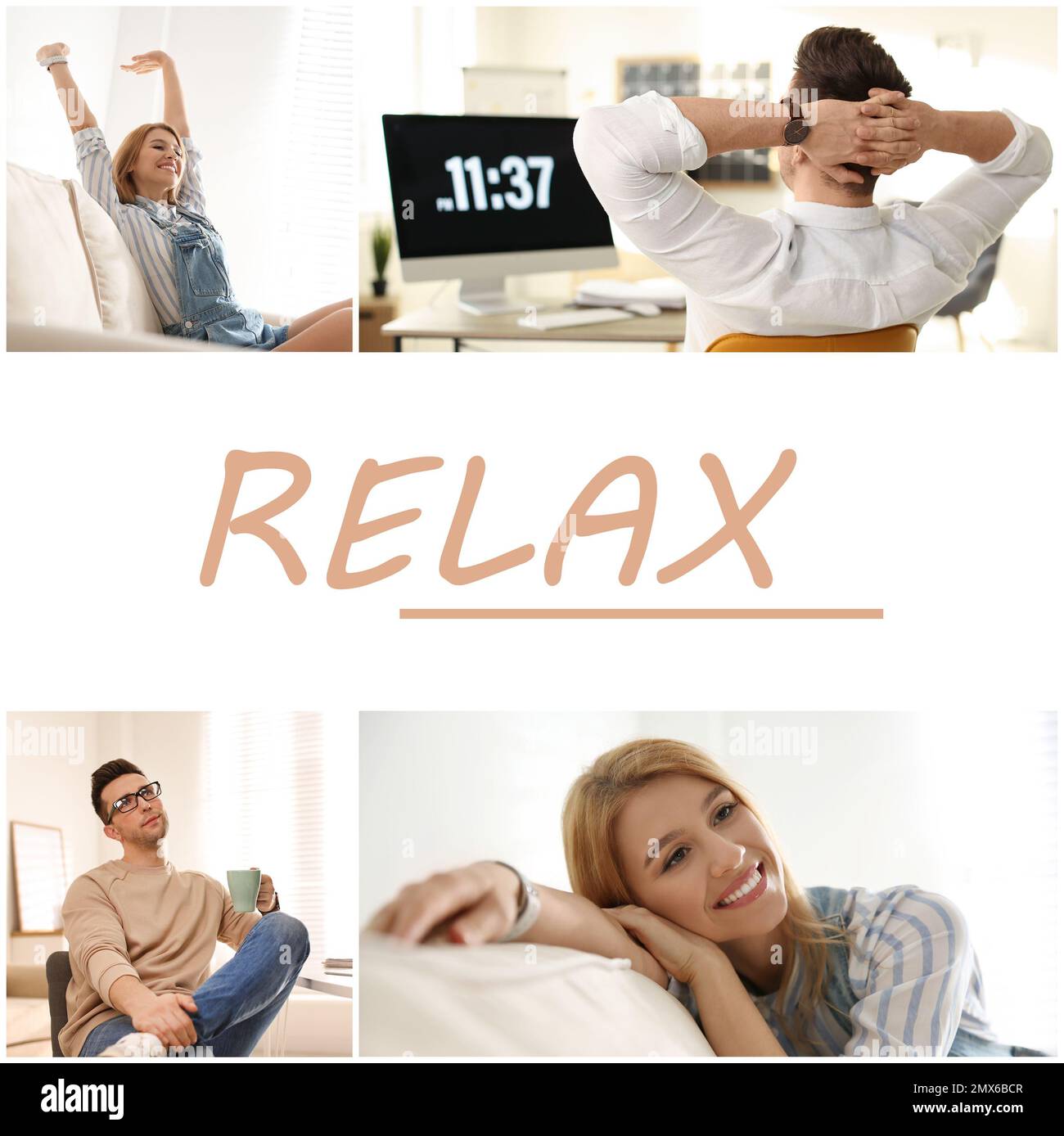 Collage of different people resting indoors and word Relax Stock Photo ...
