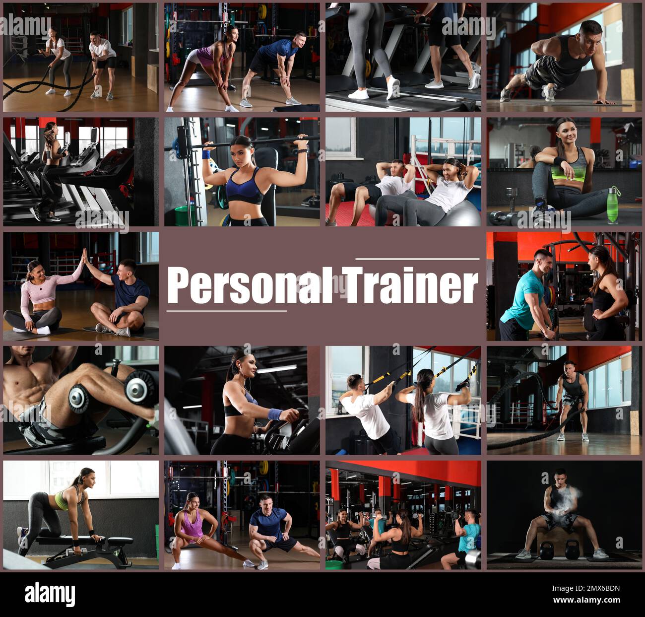 Collage of people in modern gym and text Personal Trainer Stock Photo ...