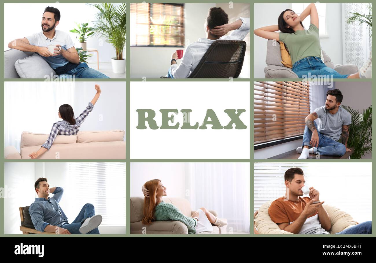 Collage of different people resting indoors and word Relax Stock Photo ...