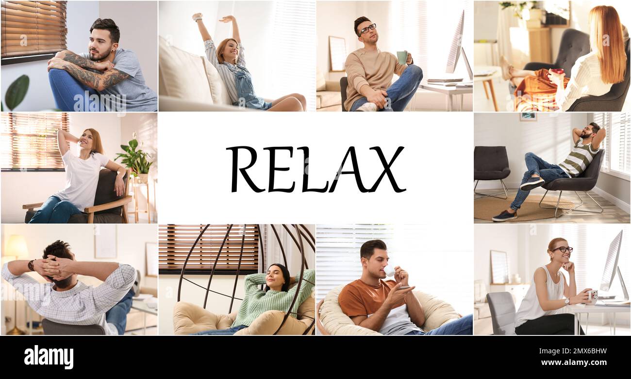 Collage of different people resting indoors and word Relax Stock Photo ...
