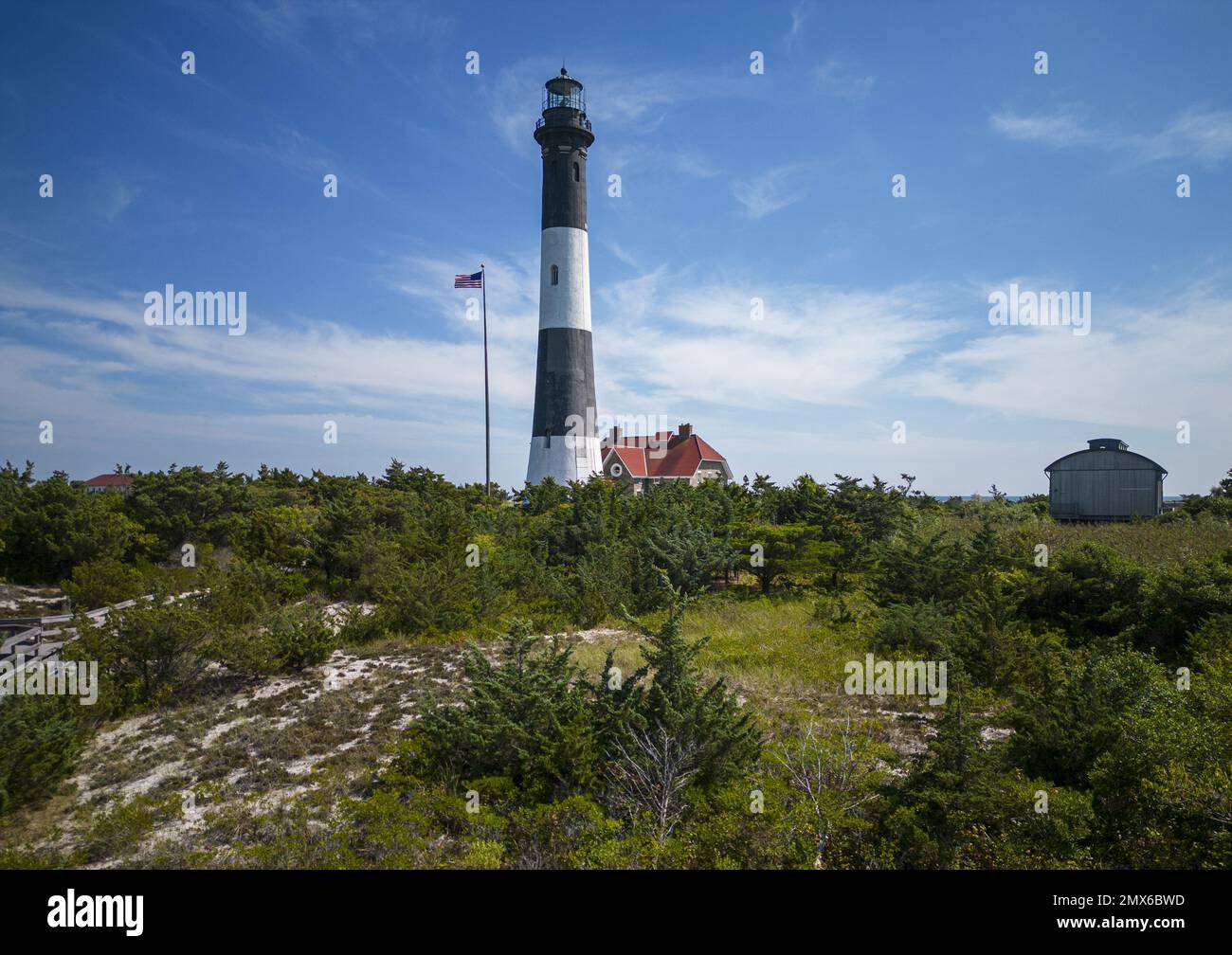 View of the Fire Island Lighthouse taken from a drone on the bay side ...