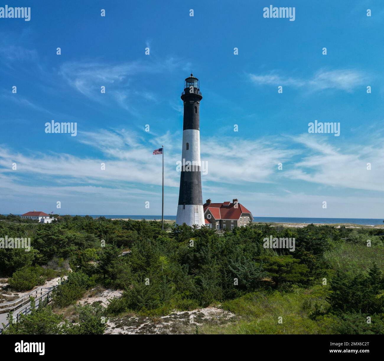 View from above of the Fire Island Lighthouse taken from a drone on the ...