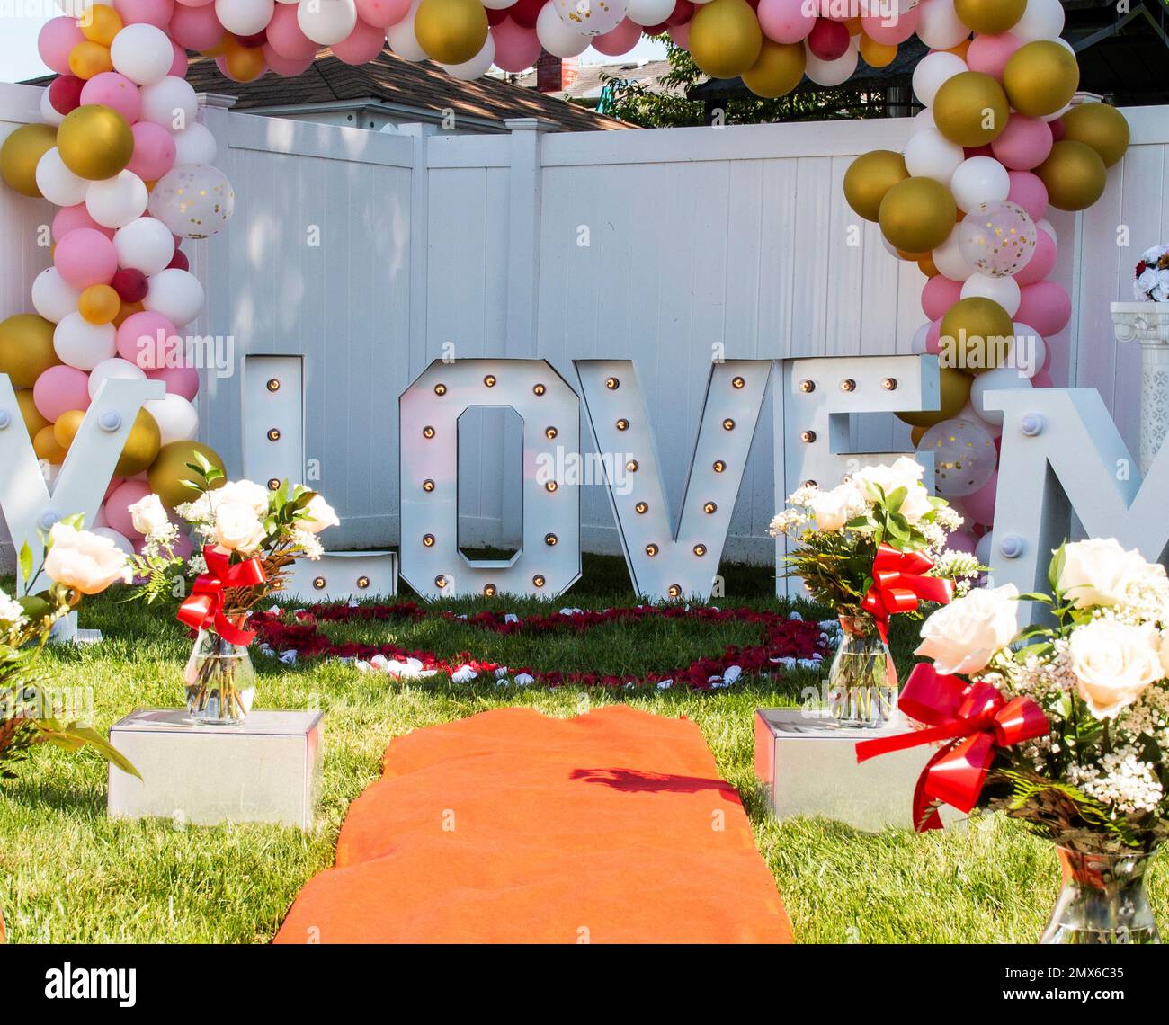 Love sign behind rose petals shaped heart with a red carpet and ...