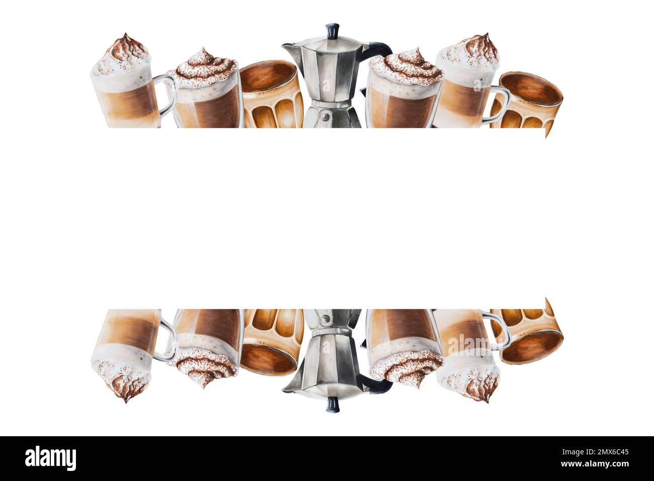 Watercolor frame with coffee making tools. Latte, espresso, americano ...